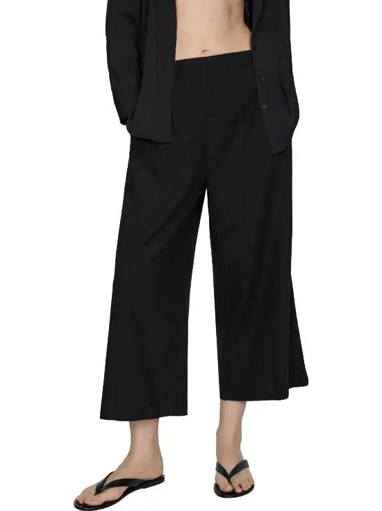 Mango Linen Blend Wide Leg Cropped Pants - Black