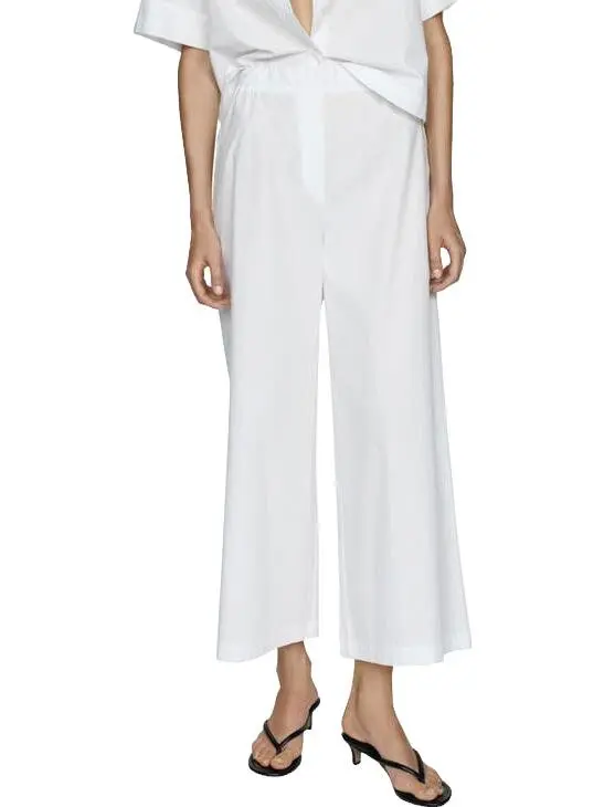 Mango Ankle Length Wide Leg Cotton Pants - White