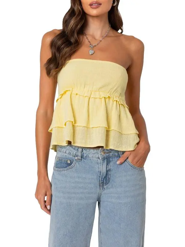 EDIKTED Smocked Ruffle Strapless Top - Yellow