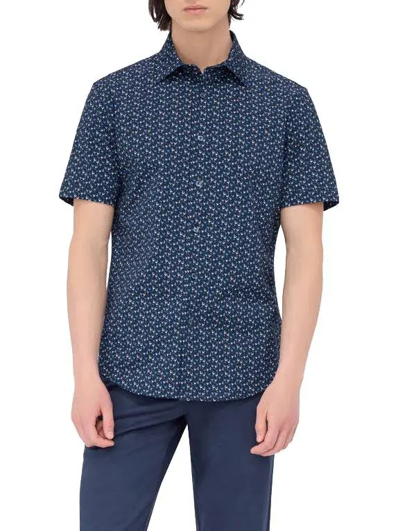 Bugatchi Miles Ooohcotton® Barware Print Short Sleeve Button-up Shirt - Navy