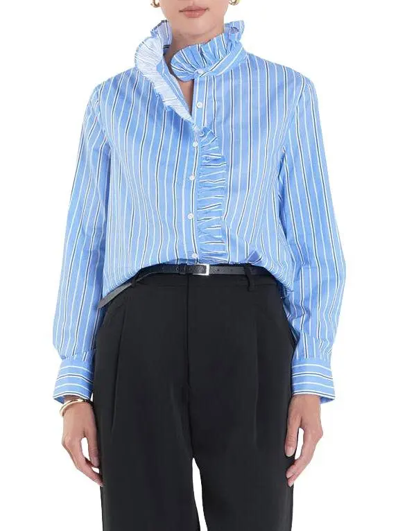 English Factory Stripe Ruffle Shirt - Blue/white