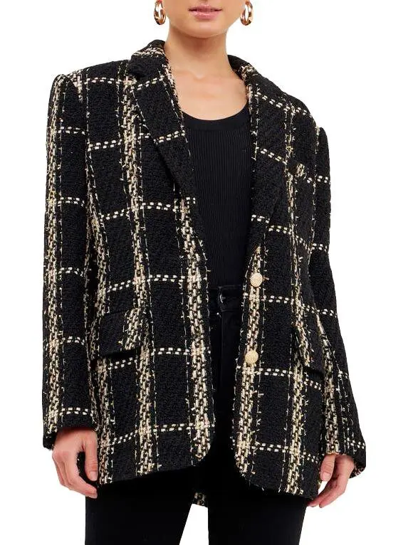 Endless Rose Premium Plaid Tweed Blazer - Black