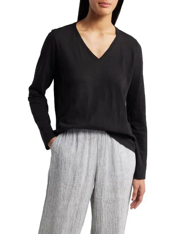 Eileen Fisher Easy V-neck Long Sleeve Organic Cotton T-shirt - Black