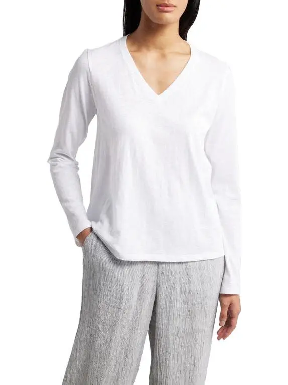 Eileen Fisher Easy V-neck Long Sleeve Organic Cotton T-shirt - White