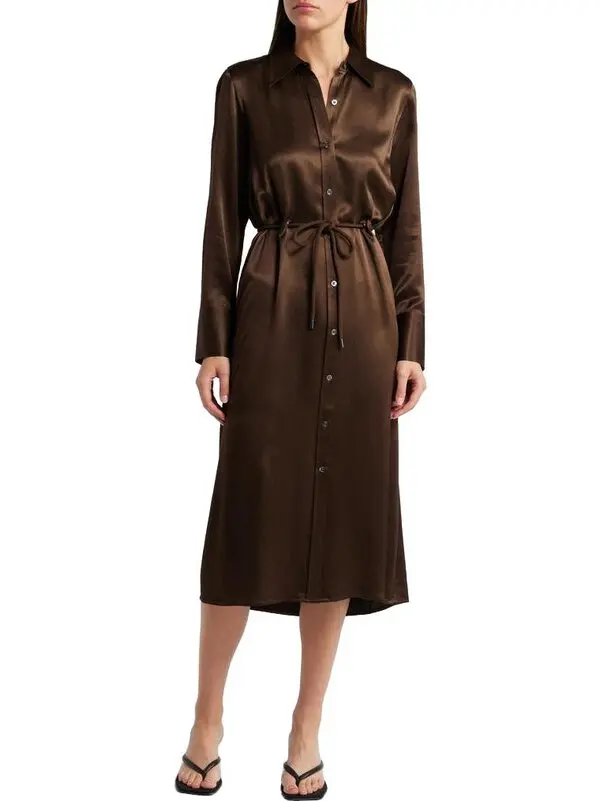Rails Anina Tie Waist Long Sleeve Satin Midi Shirtdress - Dark Moss