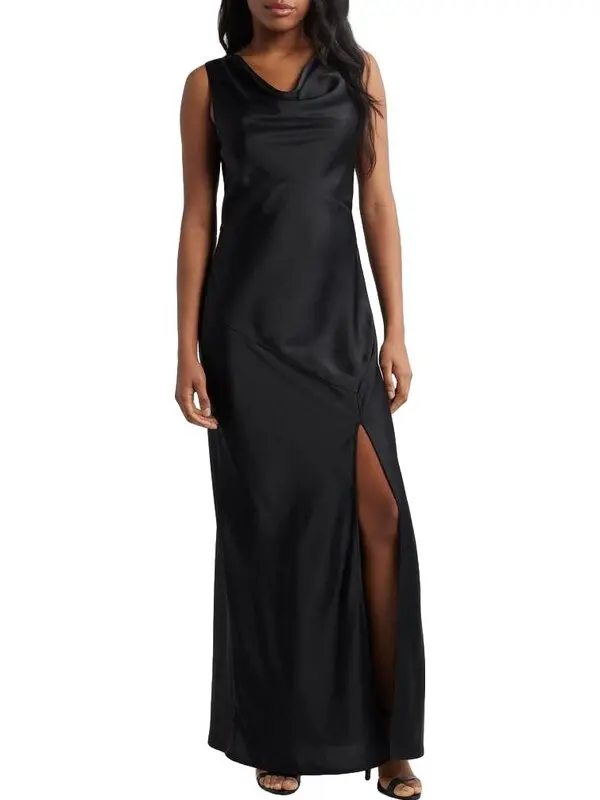 WAYF Lea Cowl Neck Satin Gown - Black