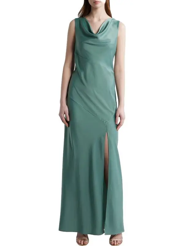 WAYF Lea Cowl Neck Satin Gown - Moss