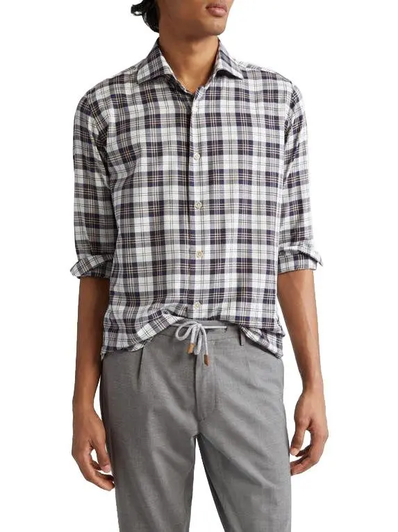 Eleventy Plaid Cotton Button-up Shirt - Blue, Sand
