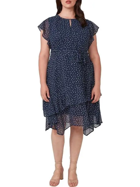 ESTELLE Night Pebble Ruffle Tie Waist Dress - Navy/milk