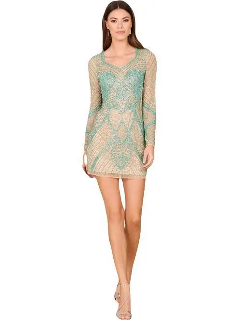 LARA NEW YORK Long Sleeve Beaded Cocktail Dress - Nudeseagreen
