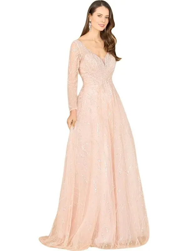 LARA NEW YORK Long Sleeve Beaded Lace Gown - Powderpink