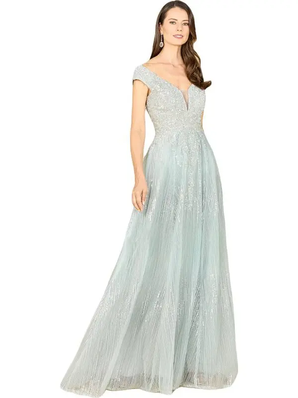 LARA NEW YORK Cap Sleeve Lace Ballgown - Dustysage