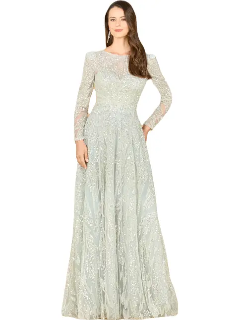 LARA NEW YORK Long Sleeve Beaded Lace Gown - Frost