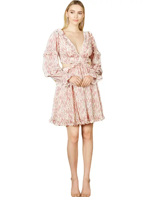 LARA NEW YORK V-neck Long Sleeve Cocktail Dress With Cutout And Lace-up Back - Pinkprint
