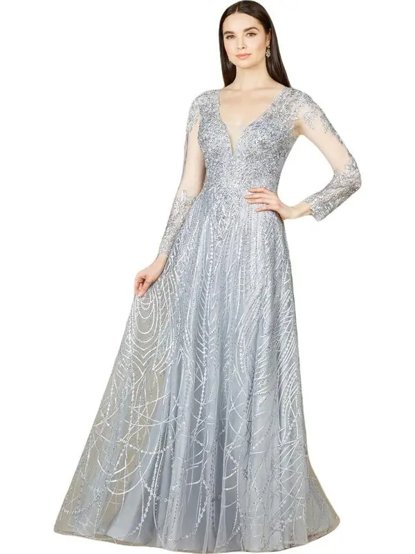 LARA NEW YORK Long Sleeve V-neckline Gown - Lightblue