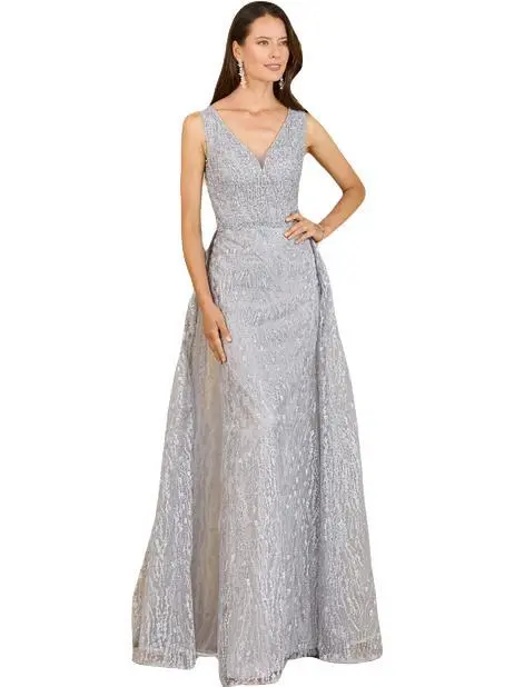 LARA NEW YORK Lace Embroidered Overskirt Dress - Silver