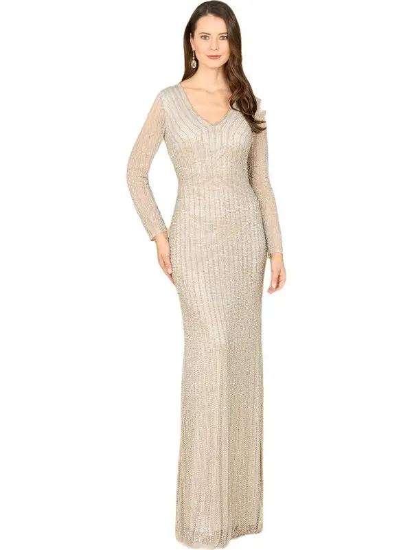 LARA NEW YORK Classic V-neck Beaded Gown - Silver
