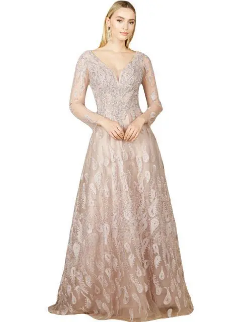 LARA NEW YORK Long Sleeve V-neck Ballgown - Mauve