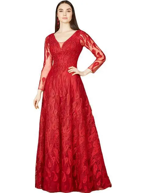 LARA NEW YORK Long Sleeve V-neck Ballgown - Red