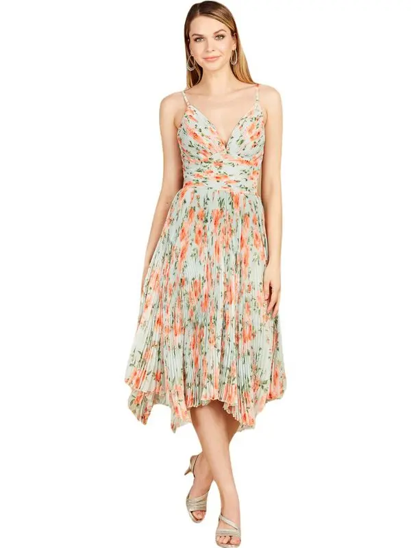 LARA NEW YORK V-neck Printed Midi Dress With Pleats - Mint