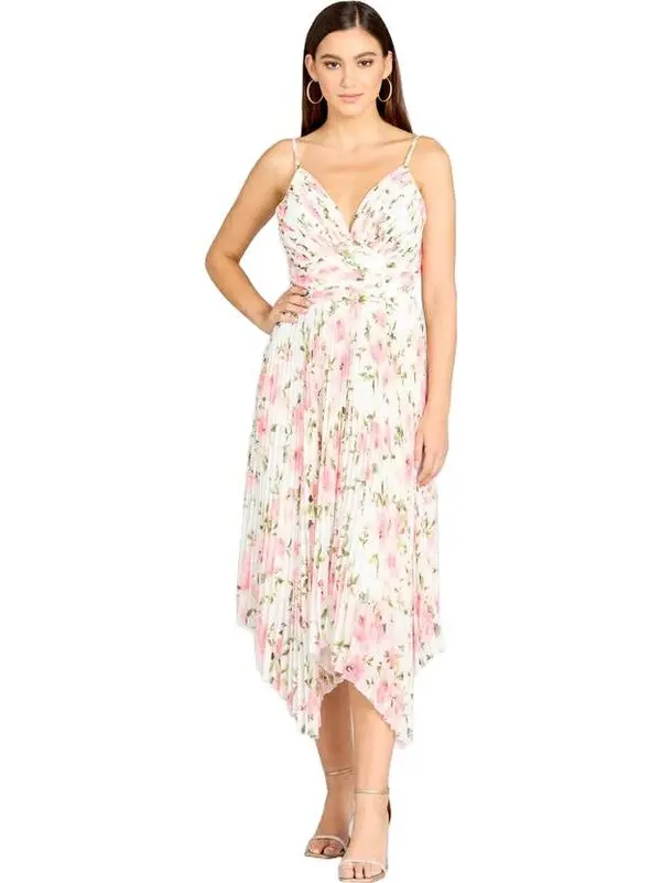 LARA NEW YORK V-neck Printed Midi Dress With Pleats - Whiterose