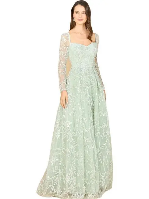 LARA NEW YORK Long Sleeve Beaded Lace Gown - Dustysage