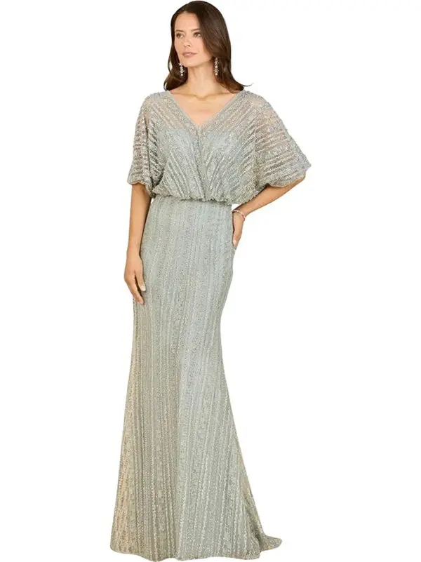 LARA NEW YORK Cape Sleeve V-neck Gown With Geometric Beading - Olive