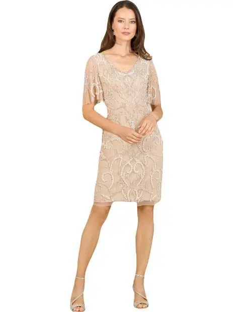 LARA NEW YORK Beaded Short Sheath Dress With Cape Sleeves - Buff Pearl