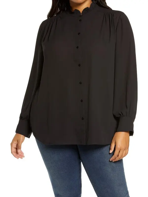 NYDJ Ruffle Neck Blouse - Black
