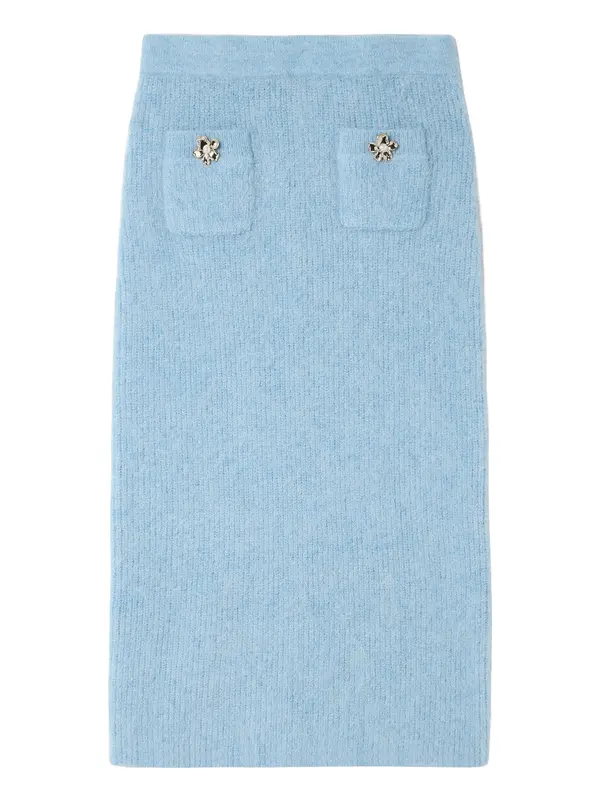SELF-PORTRAIT Embellished Metallic Ribbed-knit Midi Skirt - Blue
