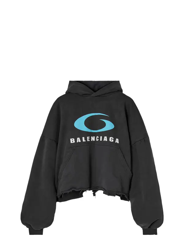 Balenciaga Oversized Cropped Distressed Printed Hoodie - Black