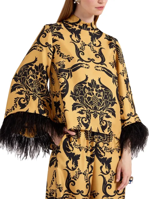 La DoubleJ Feather-trimmed Printed Top - Gold