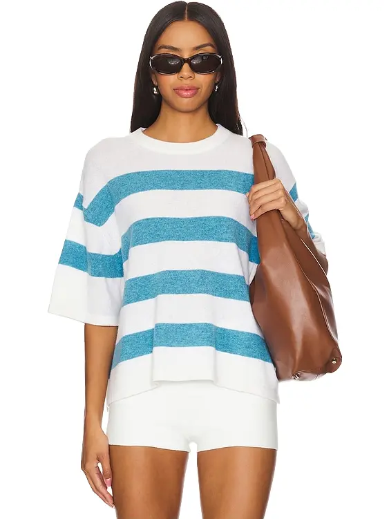 WHITE & WARREN Cashmere Striped Easy T-shirt - Soft White & Mediterranean
