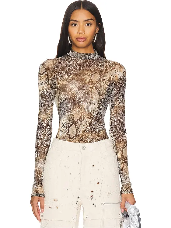 Lapointe Mesh Mock Neck Bodysuit - Snake Print