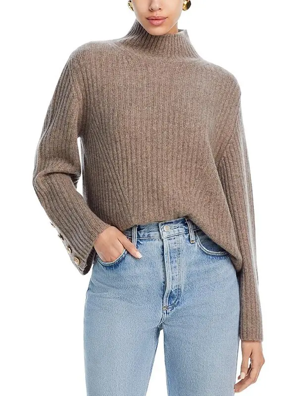 Bloomingdale'S Rib Knit Bell Sleeve Turtleneck Sweater - Heather Rye Sesame