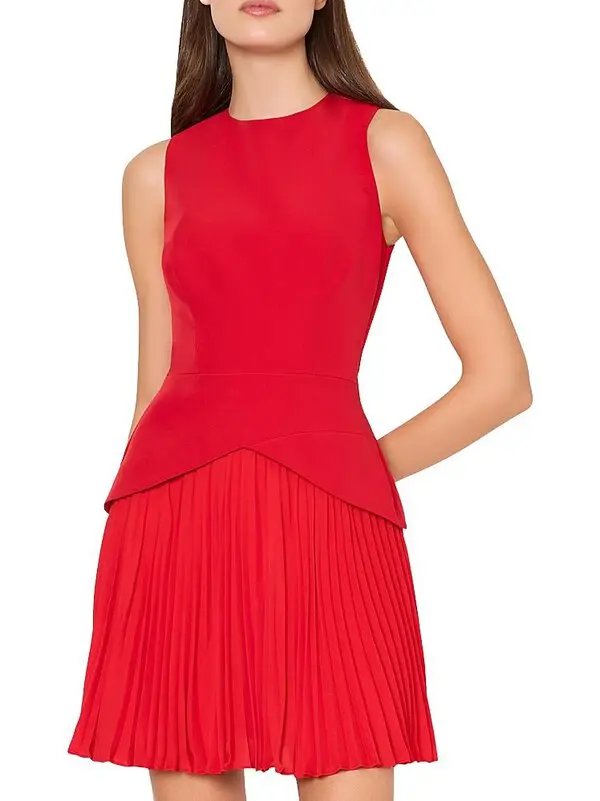 MILLY Haddy Mixed Media Pleated Dress - True Red