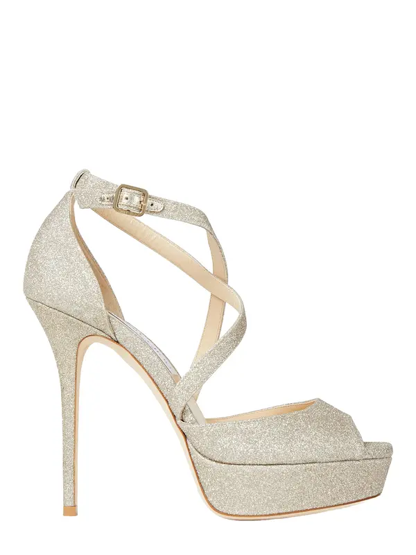 JIMMY CHOO Jenique 125 Glittered Platform Sandals - Platinum