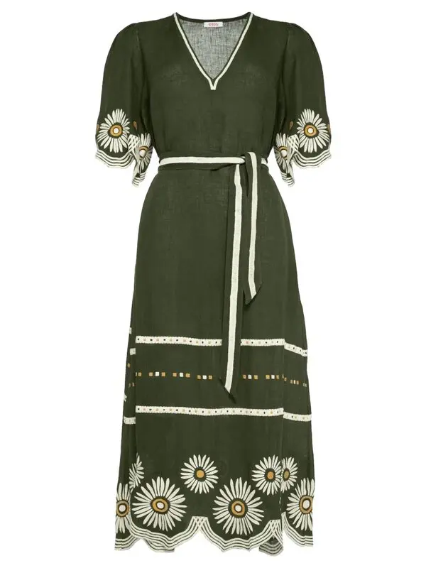ERES Hortense Floral-embroidered Linen Dress - Green