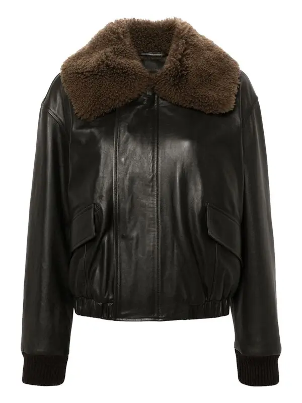 LEMAIRE Shearling Collar Leather Jacket - Brown