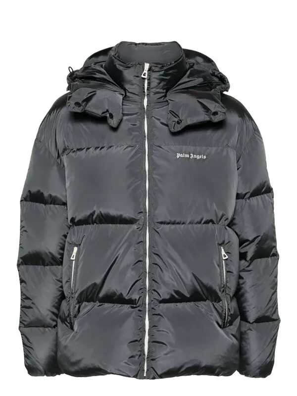 Palm Angels Logo Embroidered Puffer Jacket With High Neck And Side Stripe Detailing - Grey