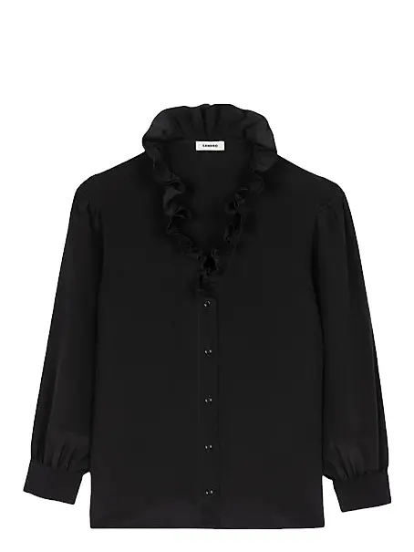Sandro Ruffle-neck Silk Shirt - Noir / Gris