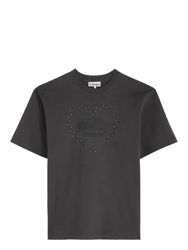 GANNI Logo Crystal-embellished Cotton T-shirt - Dark Grey