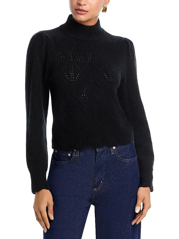 Aqua 100% Cashmere Pointelle Mock Neck Sweater - Black