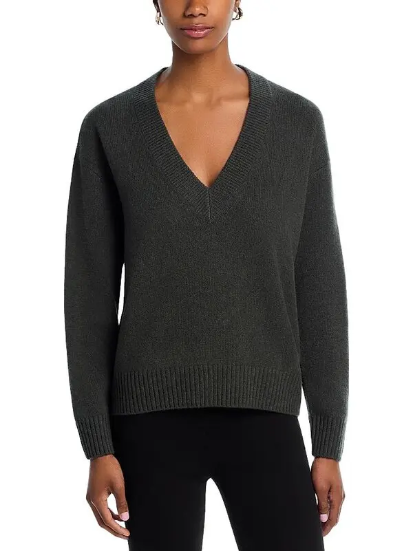 Aqua 100% Cashmere Drop Shoulder V-neck Sweater - Army