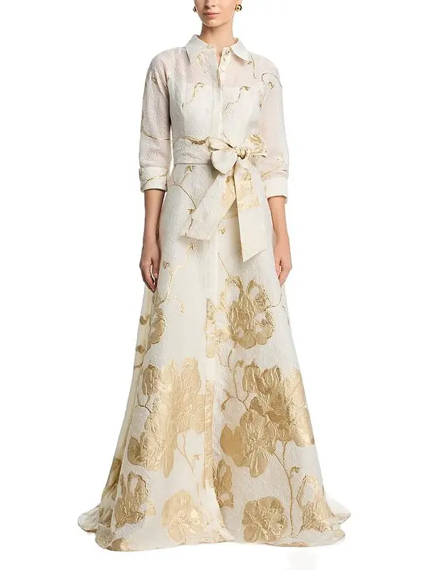 Rickie Freeman For Teri Jon Metallic Jacquard Gown - Ivory/gold