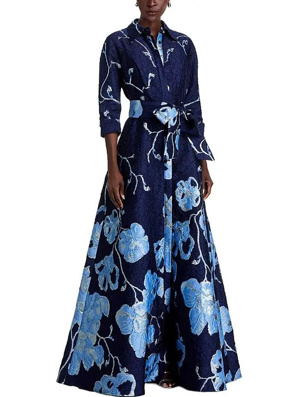 Rickie Freeman For Teri Jon Metallic Jacquard Gown - Navy Multi