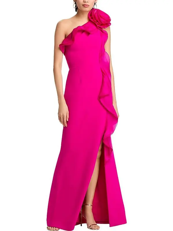 Rickie Freeman For Teri Jon One Shoulder Crepe Gown - Hot Pink