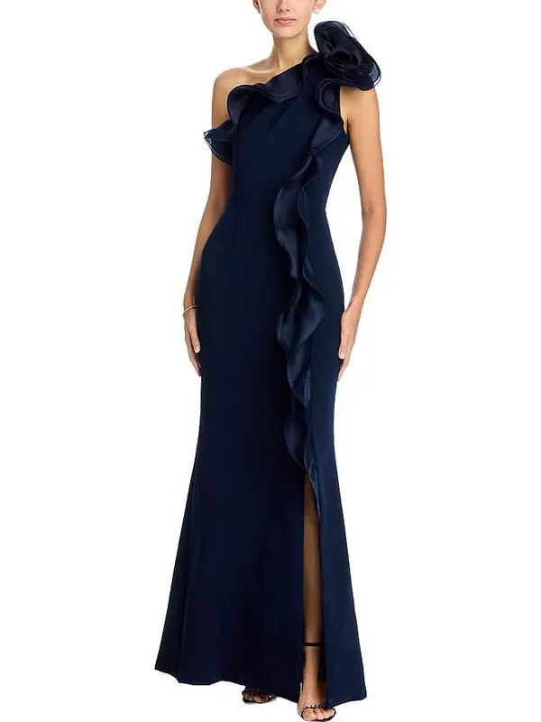 Rickie Freeman For Teri Jon One Shoulder Crepe Gown - Navy