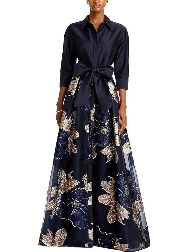 Rickie Freeman For Teri Jon Taffeta Floral Gown - Navy Multi