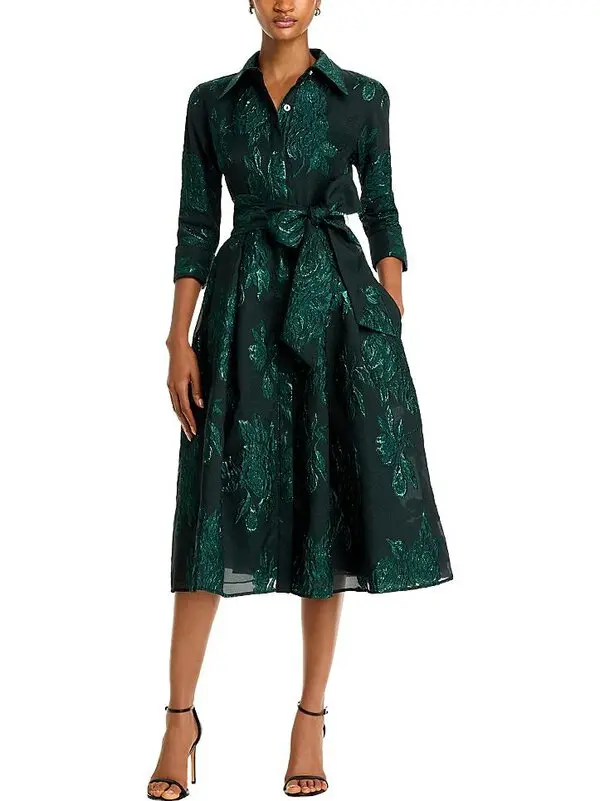 Rickie Freeman For Teri Jon Metallic Jacquard Shirt Dress - Emerald
